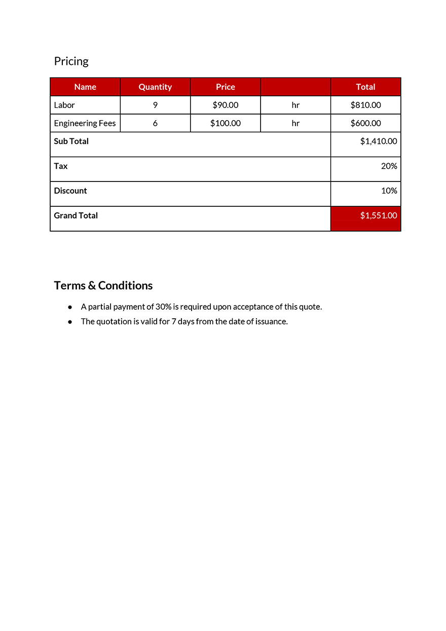 Free Sample Contractor Quotation Template - Google Docs, Google Sheets ...