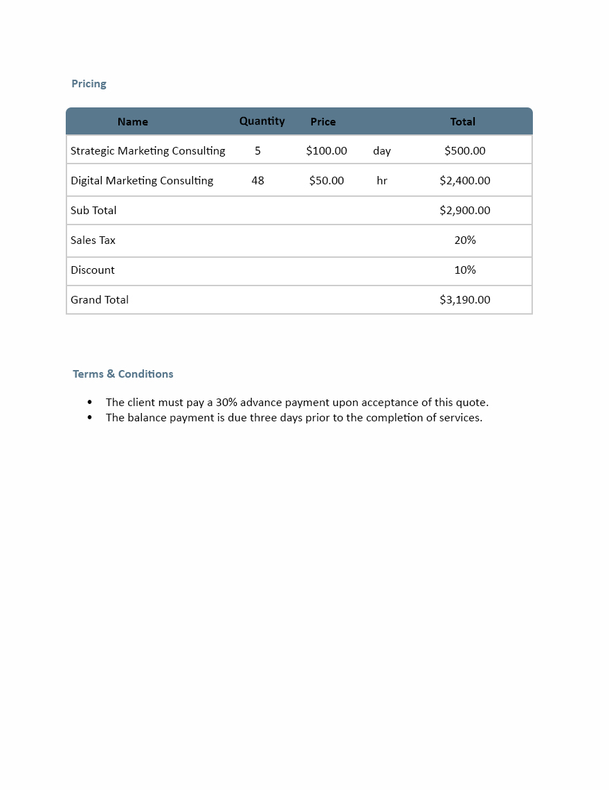 Marketing Consultant Quotation Template - Google Docs, Google Sheets, Excel, Word | Template.net