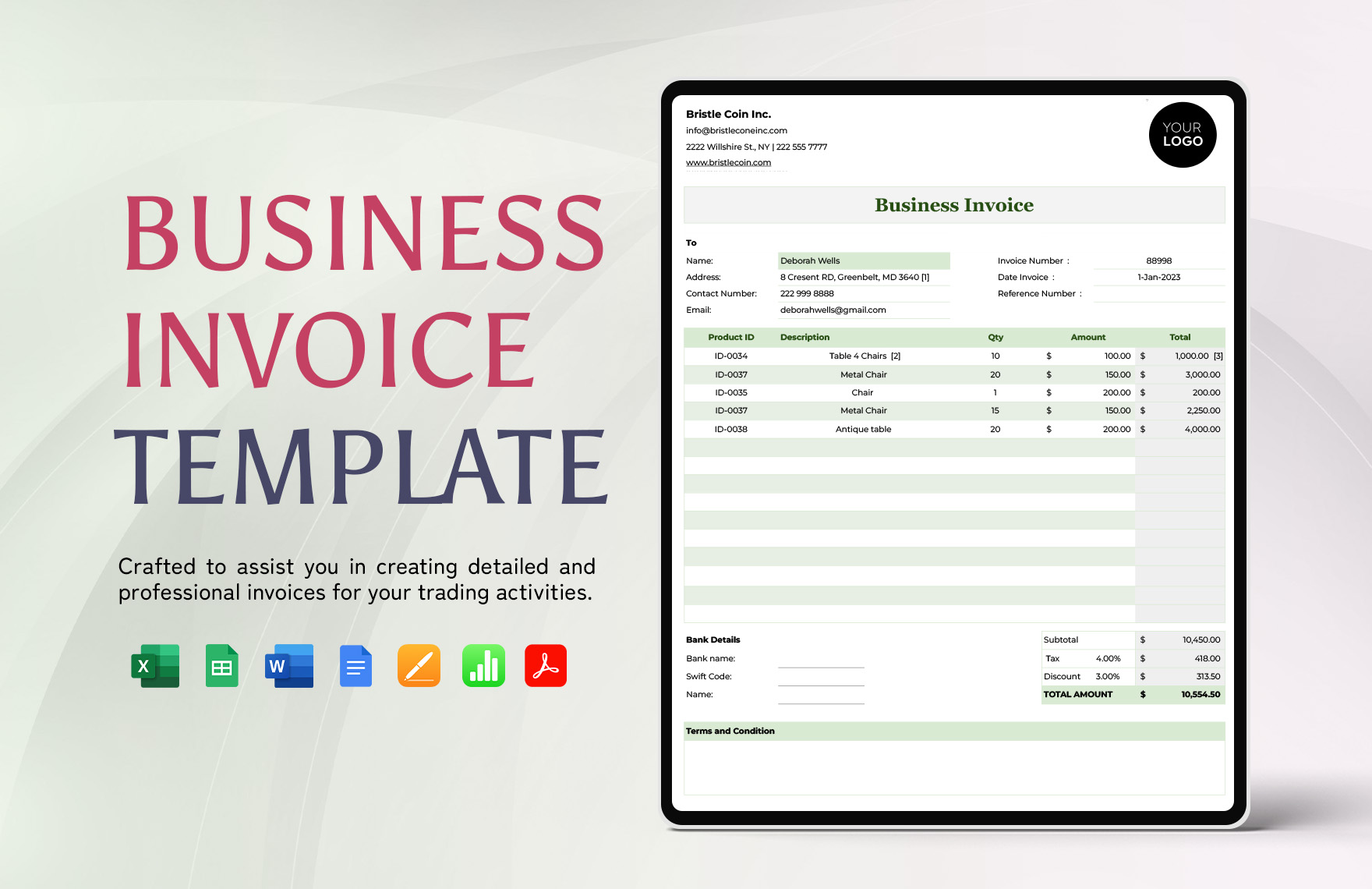 Business Invoice Template - Download in Word, Google Docs, Excel, PDF ...