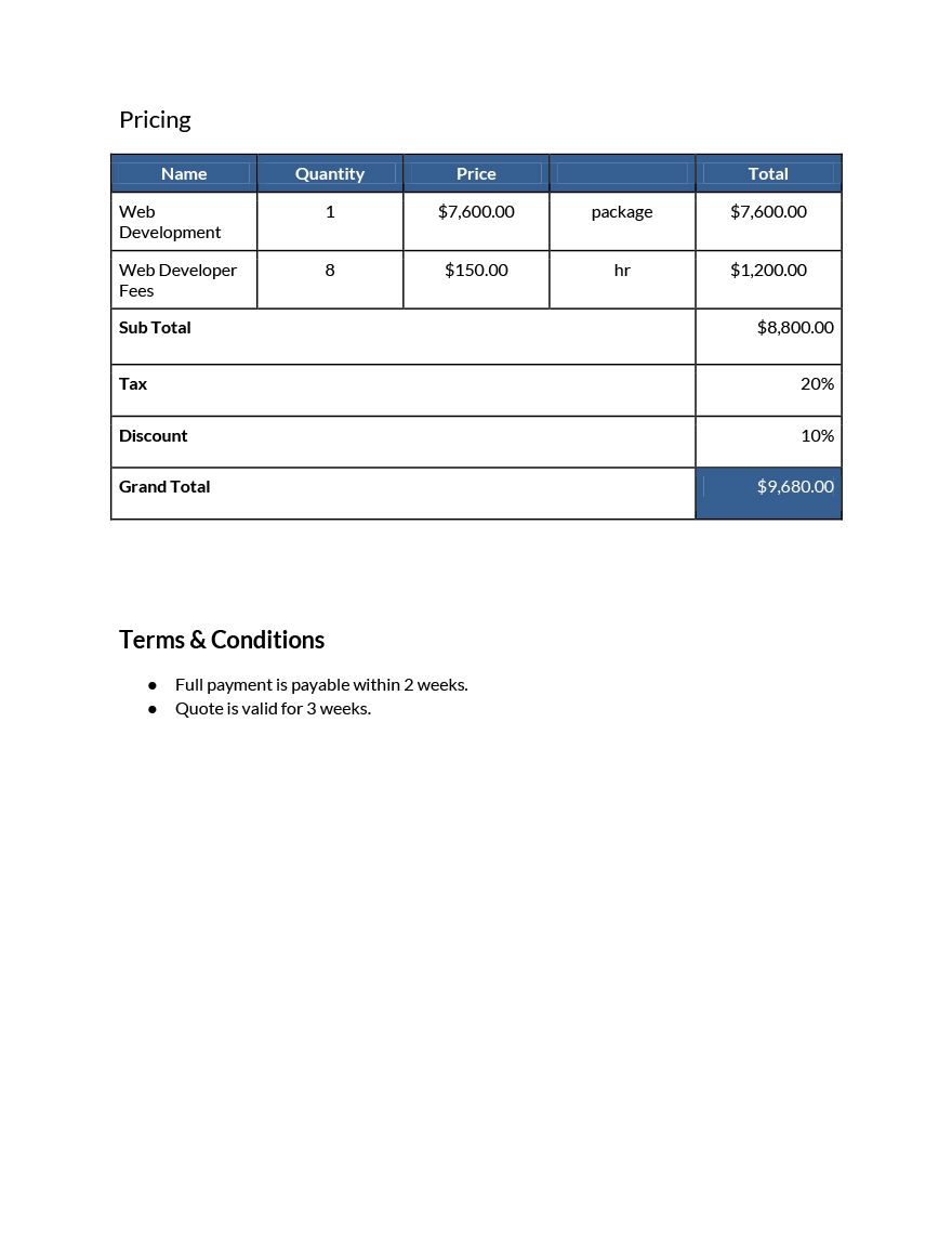 Professional Website Quotation Template - Google Docs, Google Sheets, Excel, Word | Template.net
