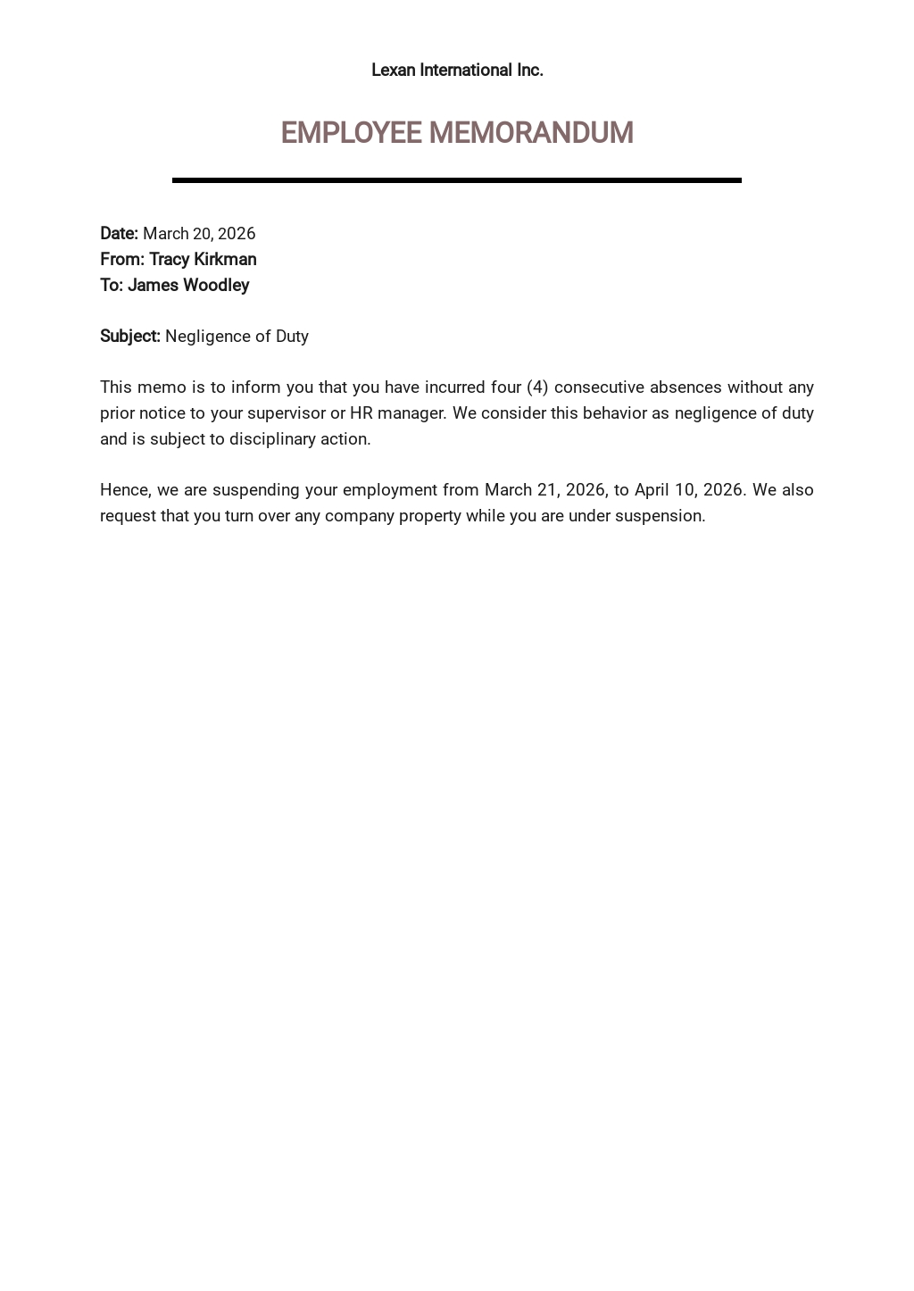 Sample Employee Memo Template Free PDF Word Template