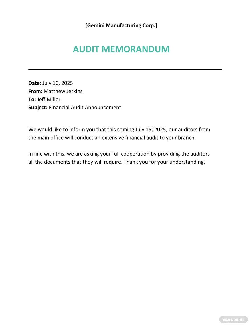 Audit Announcement Memo Template Google Docs Word Apple Pages 