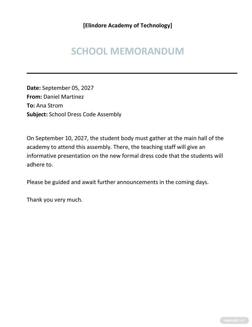 Formal School Memo Template Word Template