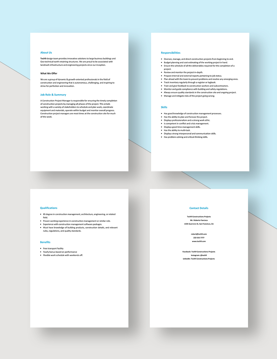 Simple Construction Project Manager Job Ad And Description Template Google Docs Word PDF 