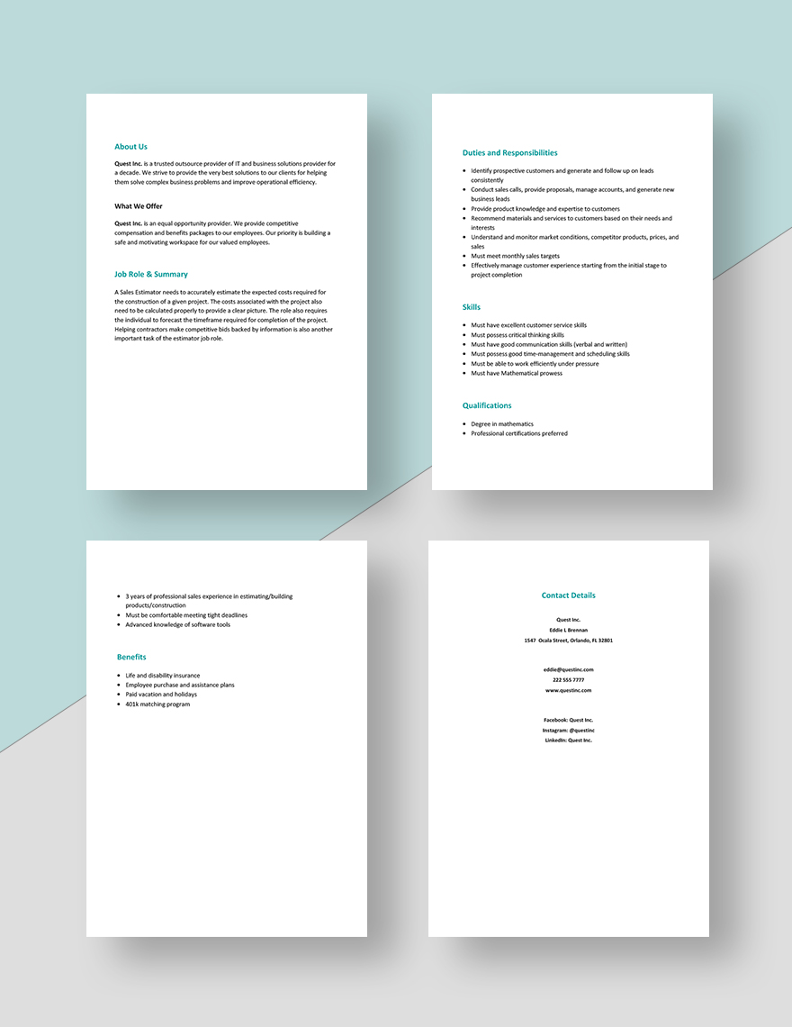 Free Sales Estimator Job Description Template Google Docs Word PDF Free Sales Estimator Job Description Template Google Docs Word PDF