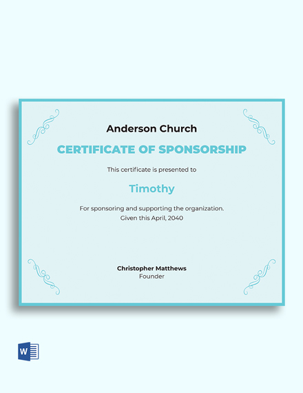 Church Sponsorship Certificate Template Word Template