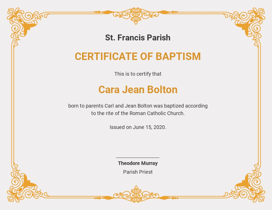 Roman Catholic Baptism Certificate Template Free JPG Google Docs 