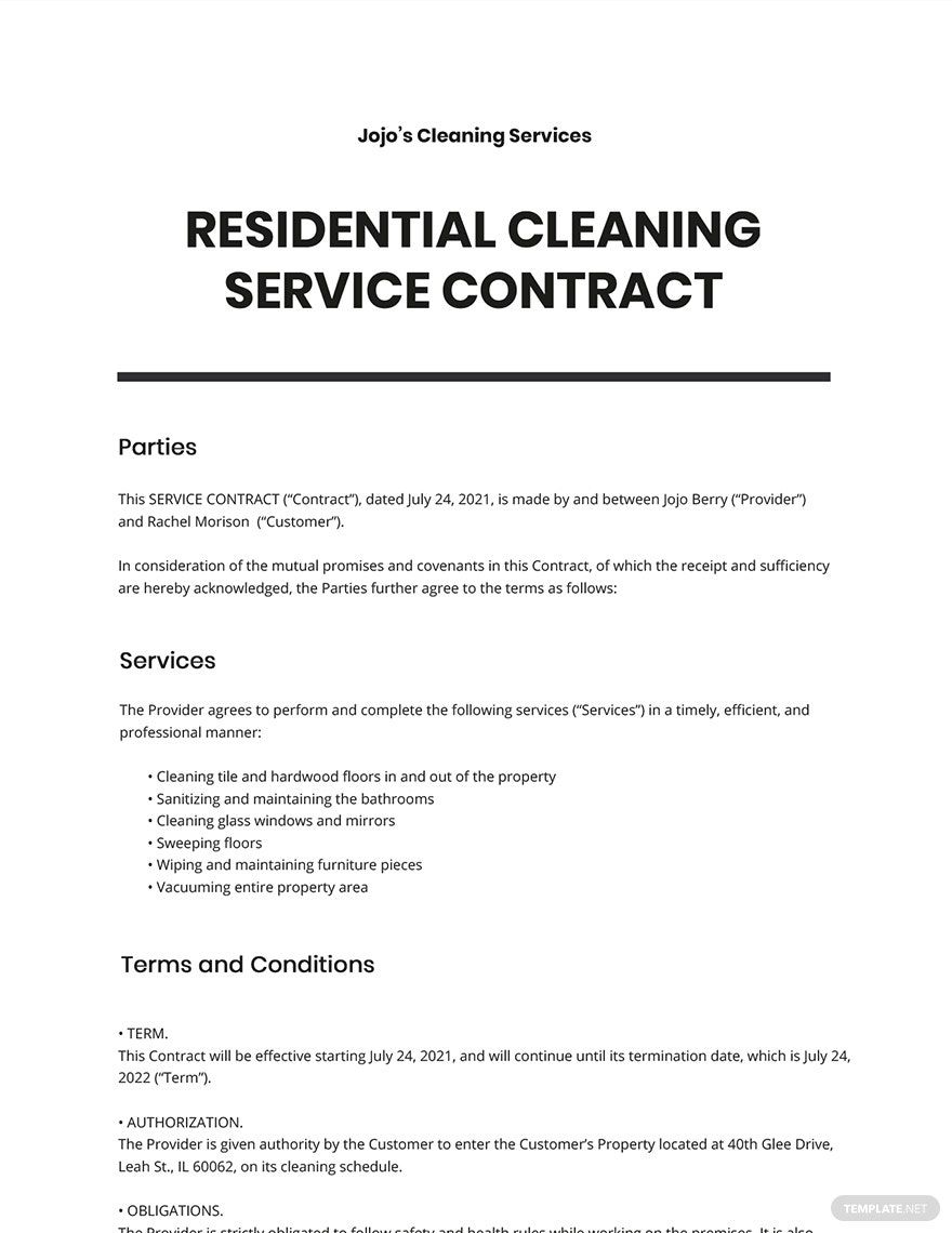 Cleaning Contract Template - Google Docs, Word, Apple Pages | Template.net