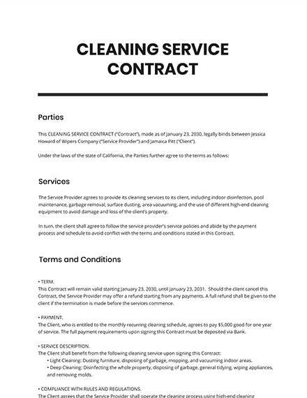 Free Simple Cleaning Service Contract Template Google Docs Word Apple Pages Template