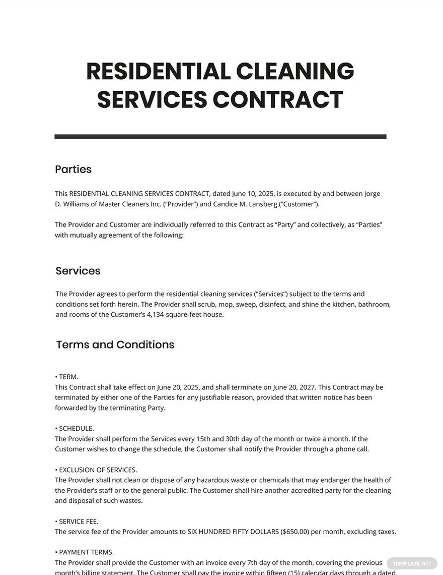 Free Residential Cleaning Services Contract Template Google Docs 