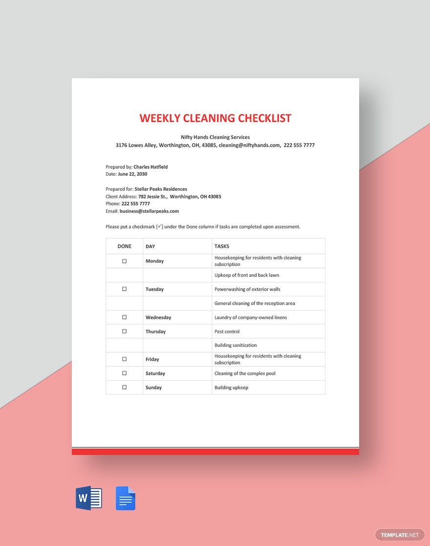 Weekly Cleaning Checklist Template Google Docs Word Template