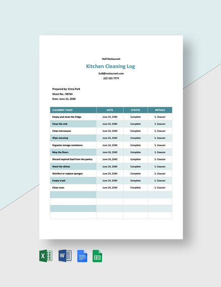 Free Sample Cleaning Service Log sheet Template - Google Docs, Google ...