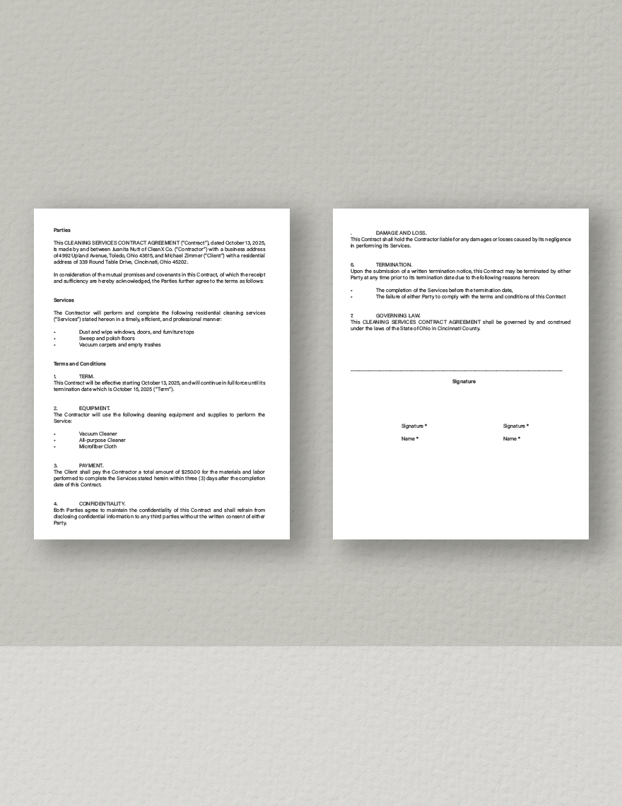 Cleaning Services Contract Agreement Template - Google Docs, Word ...