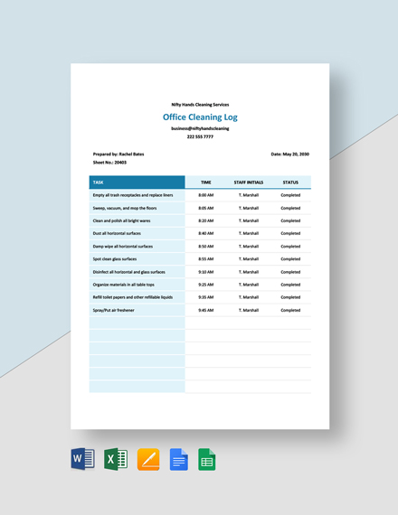 Restroom Cleaning Log Template - Google Docs, Google Sheets, Excel, Word, Apple Numbers, Apple ...
