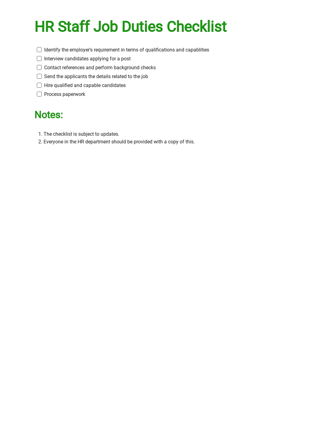 HR Staff Job Duties Checklist Template Free PDF Google Docs Word HR Staff Job Duties Checklist Template Free PDF Google Docs Word