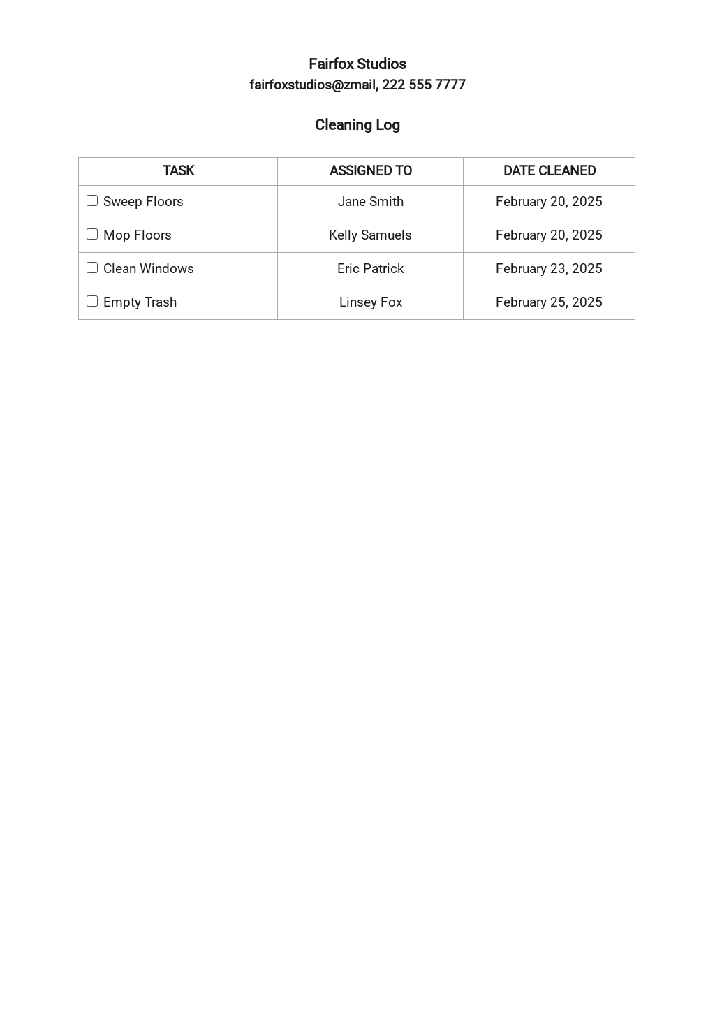 Monthly Cleaning Log Template [Free PDF] - Google Docs, Google Sheets ...
