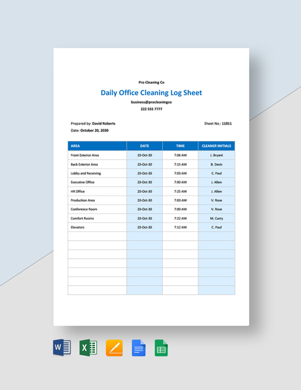 FREE Daily Cleaning Log Template - Word (DOC) | Excel | Apple (MAC ...