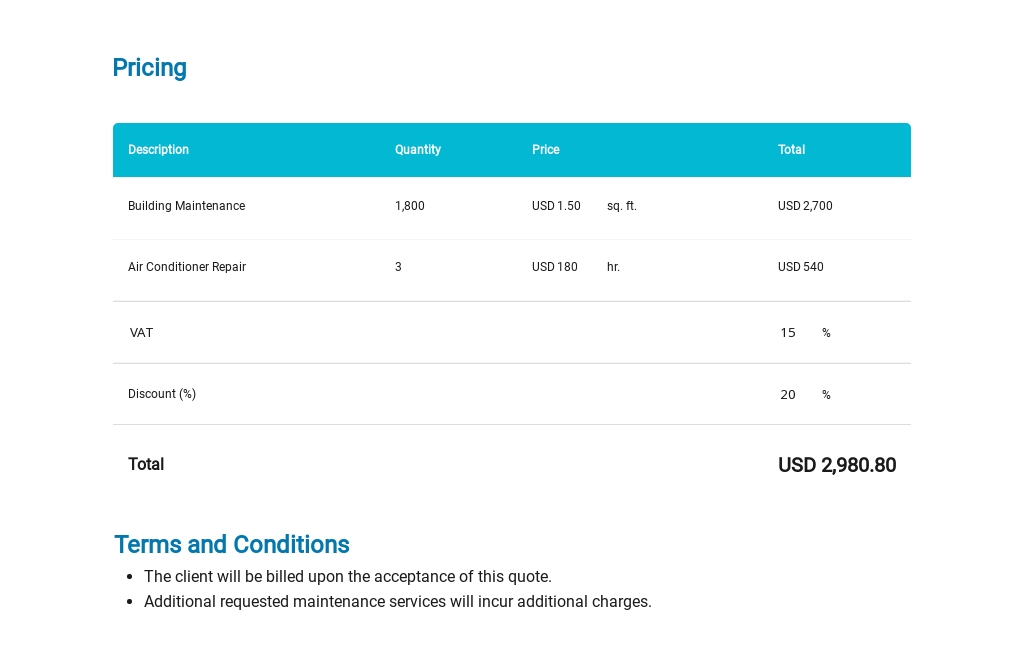 Maintenance Quotation Format Template [Free PDF] - Word | Template.net
