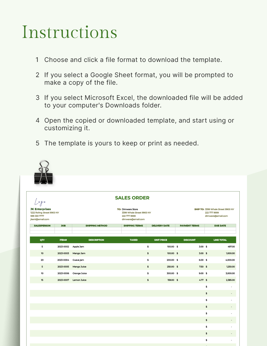 Sales Order Template - Google Docs, Google Sheets, Excel, Word, Apple ...