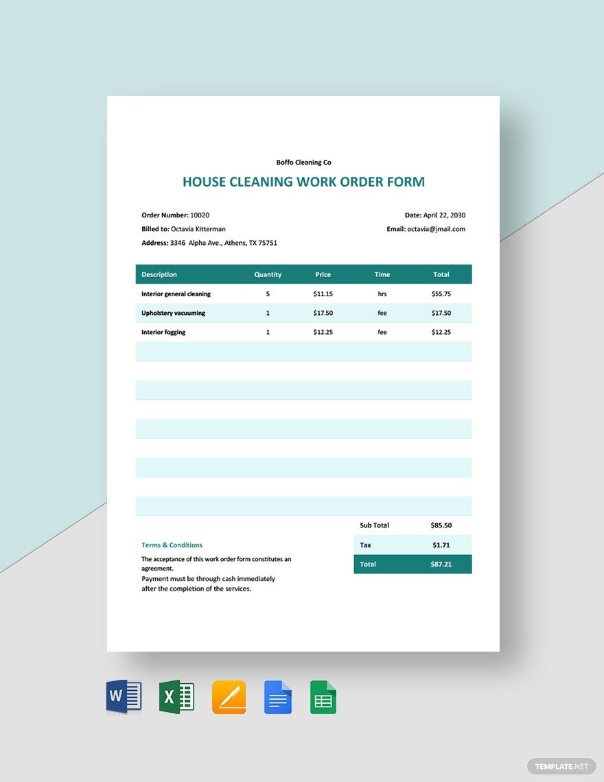 x`Printable Work Order Form Template - Google Docs, Google Sheets ...