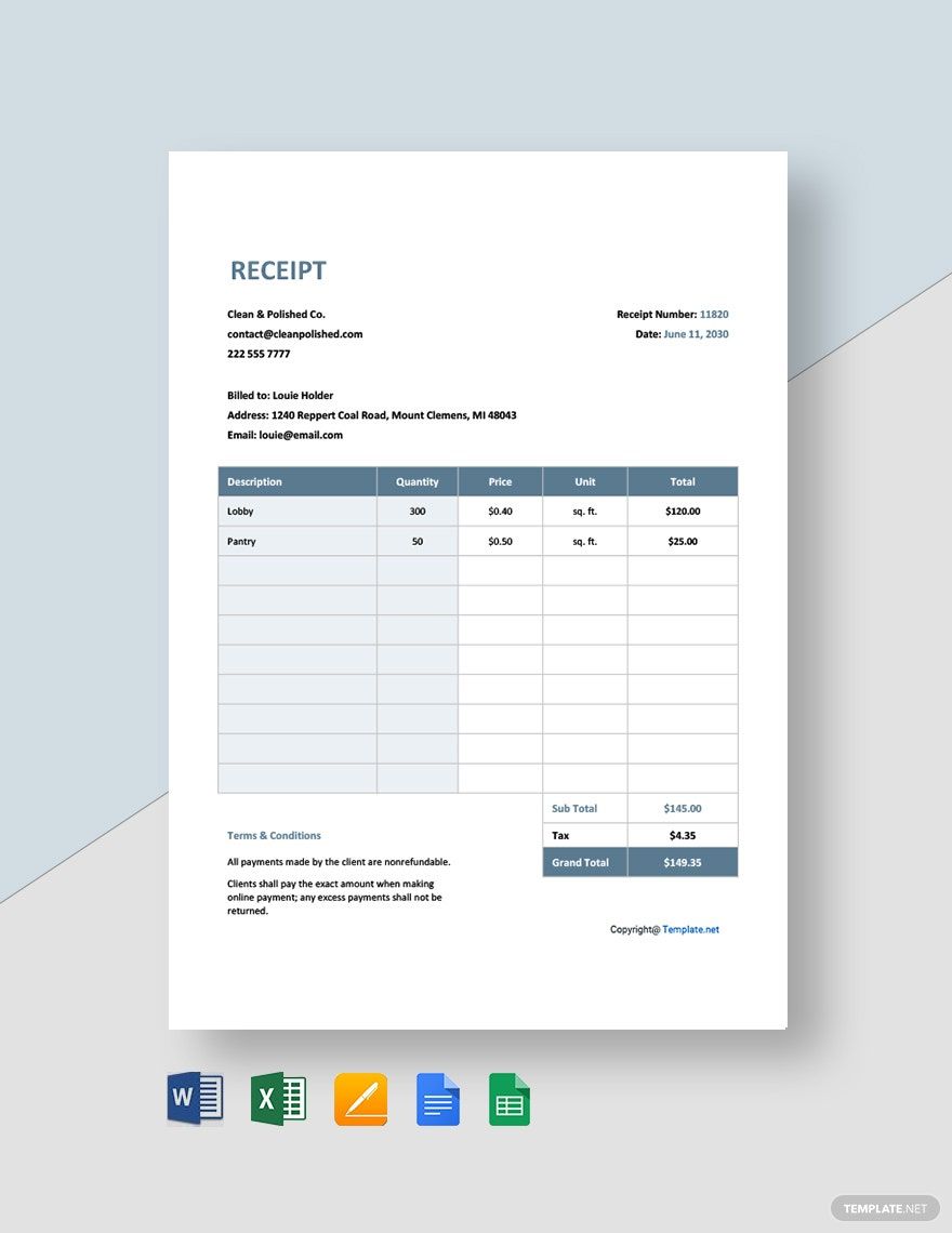 Service Receipt Template - Google Docs, Google Sheets, Excel, Word ...