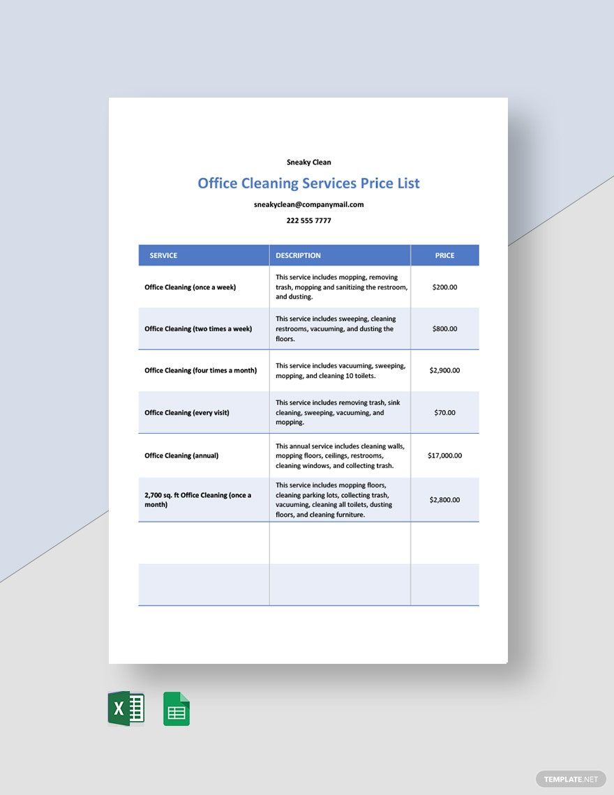 Office Cleaning Services Price List Template Word Google Docs Excel Google Sheets Apple 