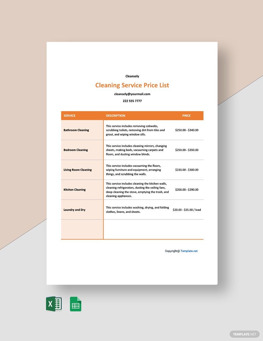 House Cleaning Price List Template Google Docs Illustrator Word 
