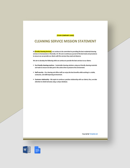 Residential Cleaning Service Mission Statement Template Google Docs Word Template
