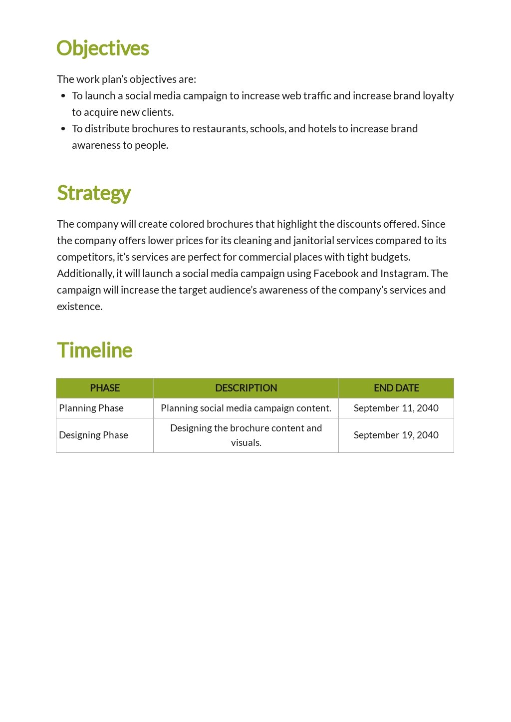 Cleaning Work Plan Template