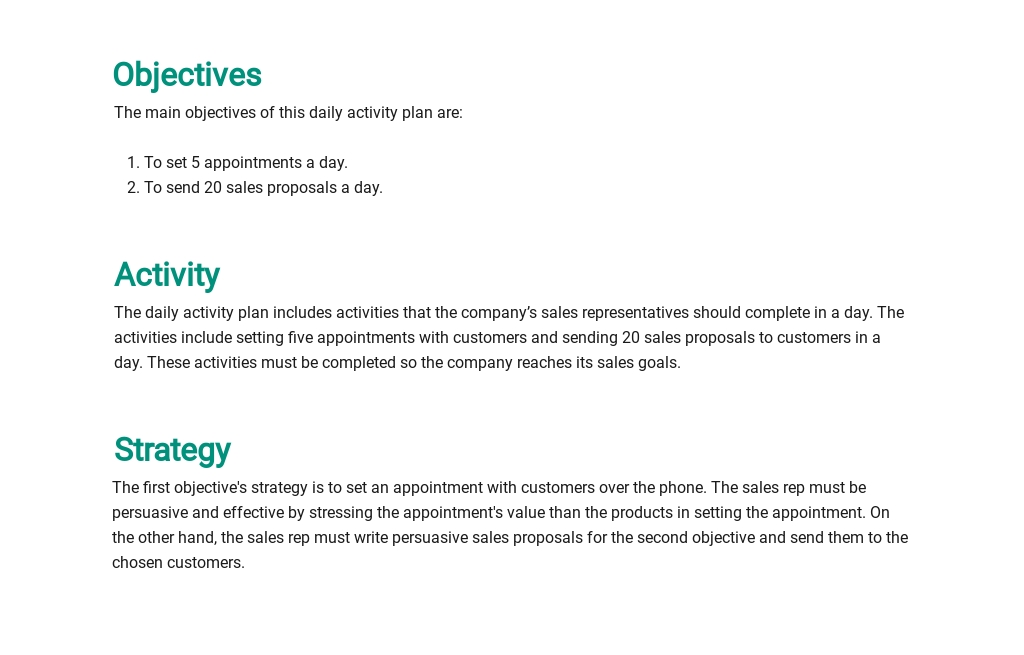 Daily Activity Plan Template