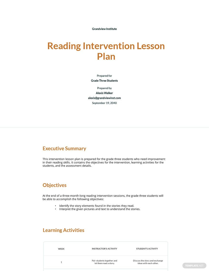 Reading Intervention Plan Template