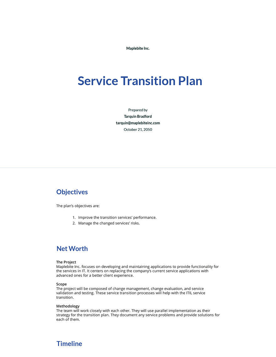 Service Transition Plan Template Google Docs Word Apple Pages PDF 