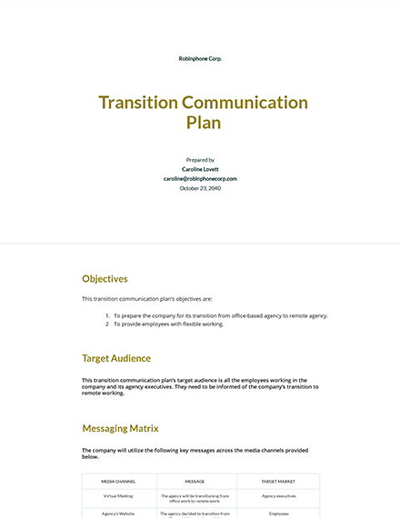 Project Transition Communication Plan Template - Google Docs, Word ...