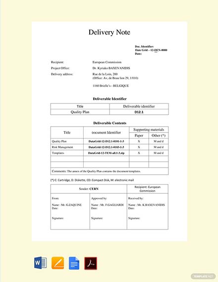 FREE Sample Delivery Note Template - PDF | Word (DOC) | Excel | Apple ...