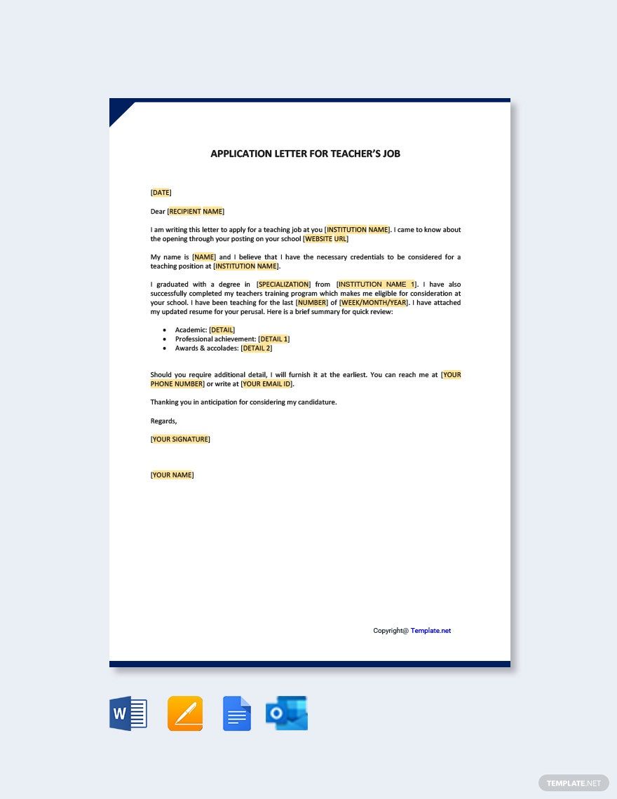 Application Letter For Teacher Template Google Docs Word Outlook Apple Pages Template