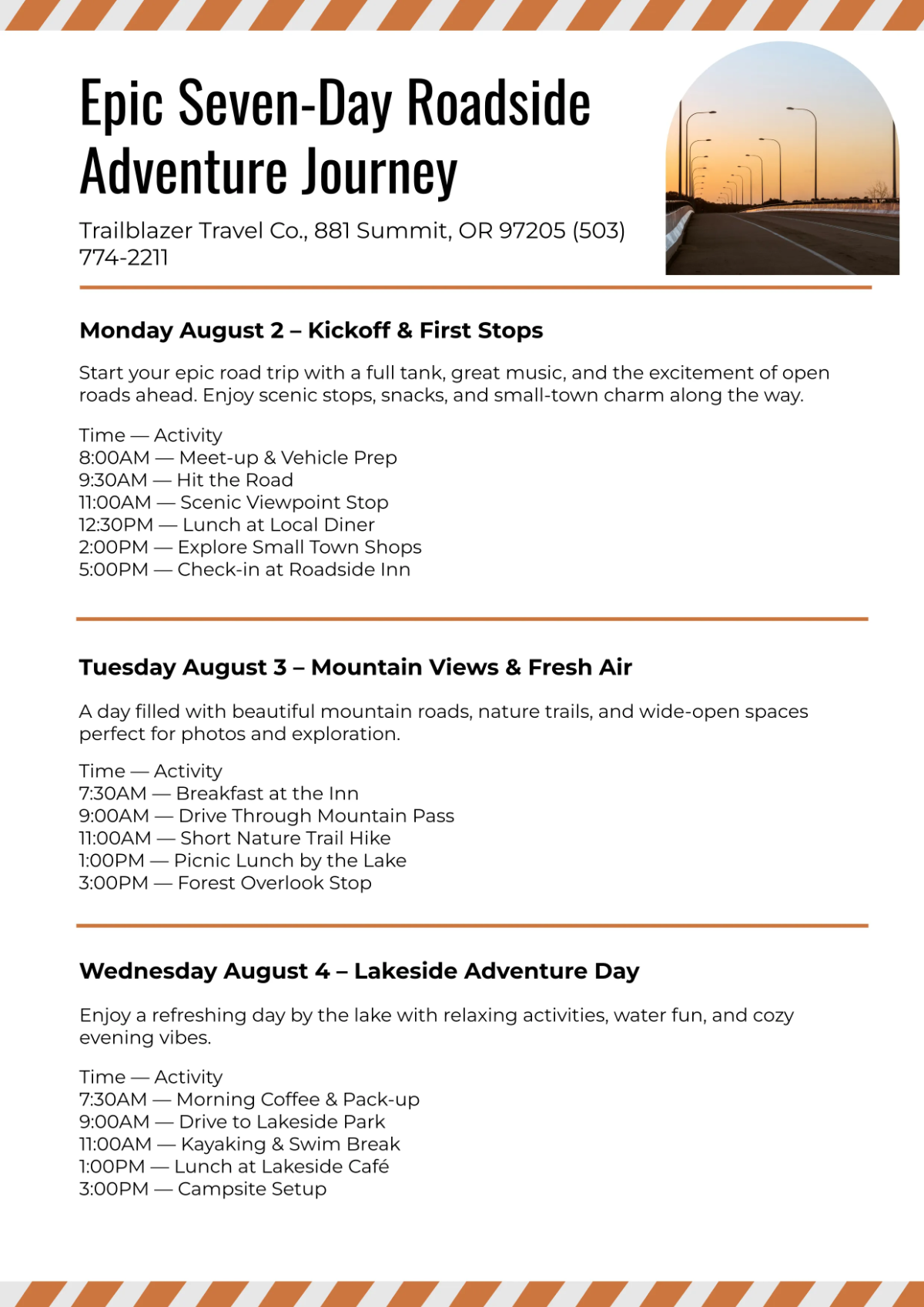 Free Roadside Adventure Itinerary Template to Edit Online