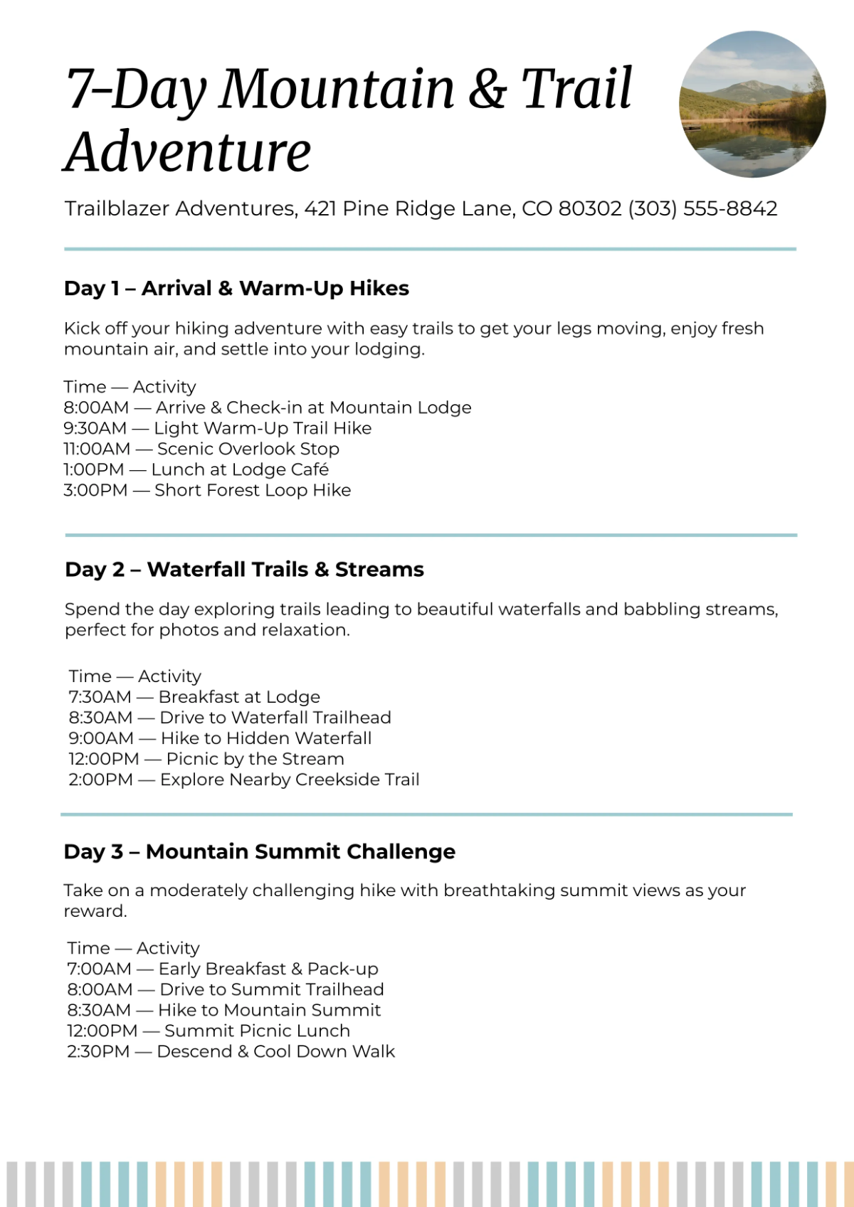 Free Outdoor Hiking Itinerary Template to Edit Online