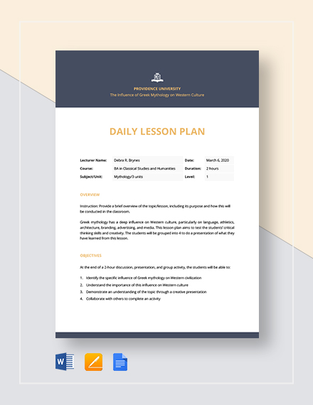 Daily Lesson Plan Template Google Docs Word Apple Pages PDF 