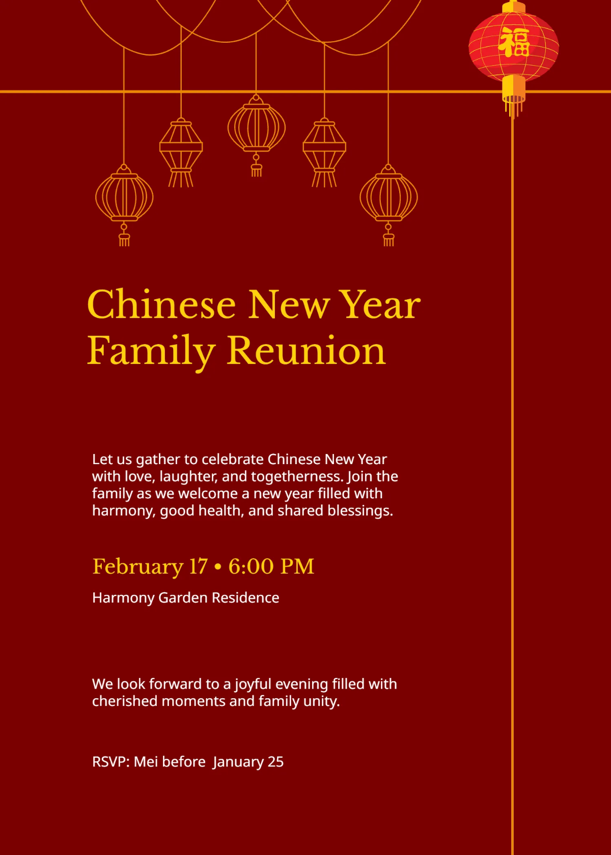 Free Chinese New Year Family Reunion Invitation Template to Edit Online