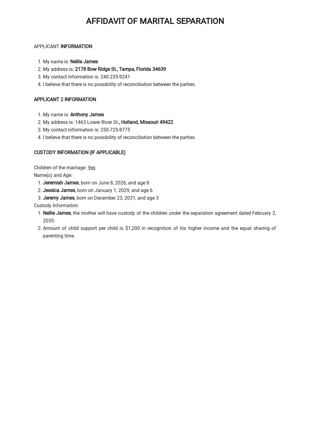 Affidavit of Separation of Marriage Template - Google Docs, Word ...