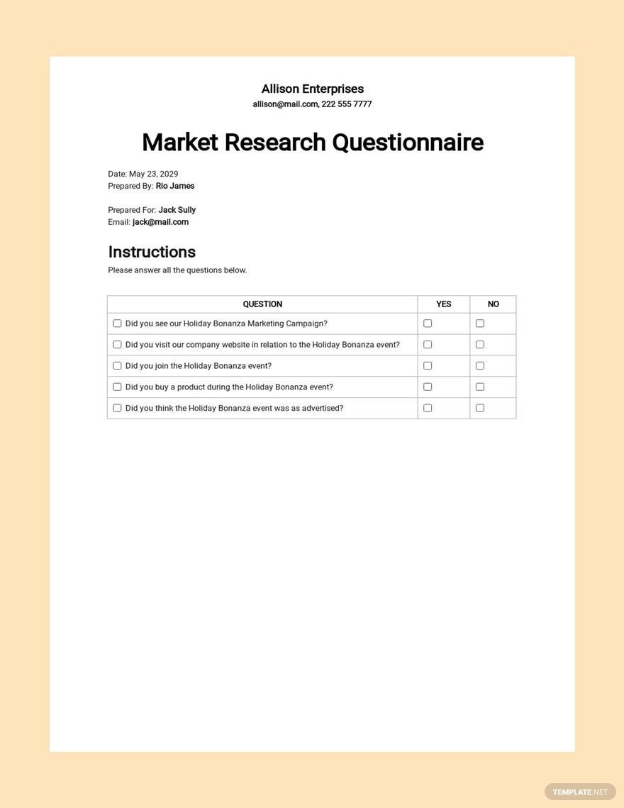 Market Research Questionnaire Template Google Docs Word Apple Pages Market Research Questionnaire Template Google Docs Word Apple Pages
