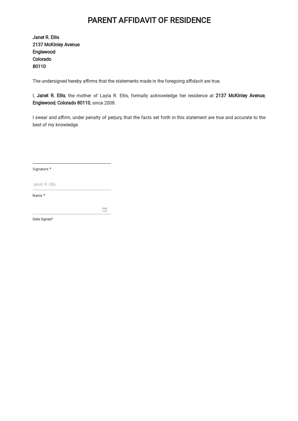 Affidavit Of Occupancy Form Template In Google Docs Word Template Net 