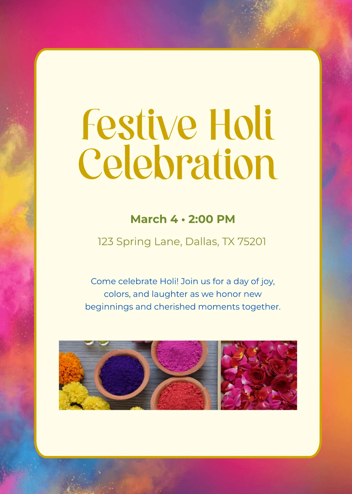 Free Elegant Holi Invitation Template to Edit Online