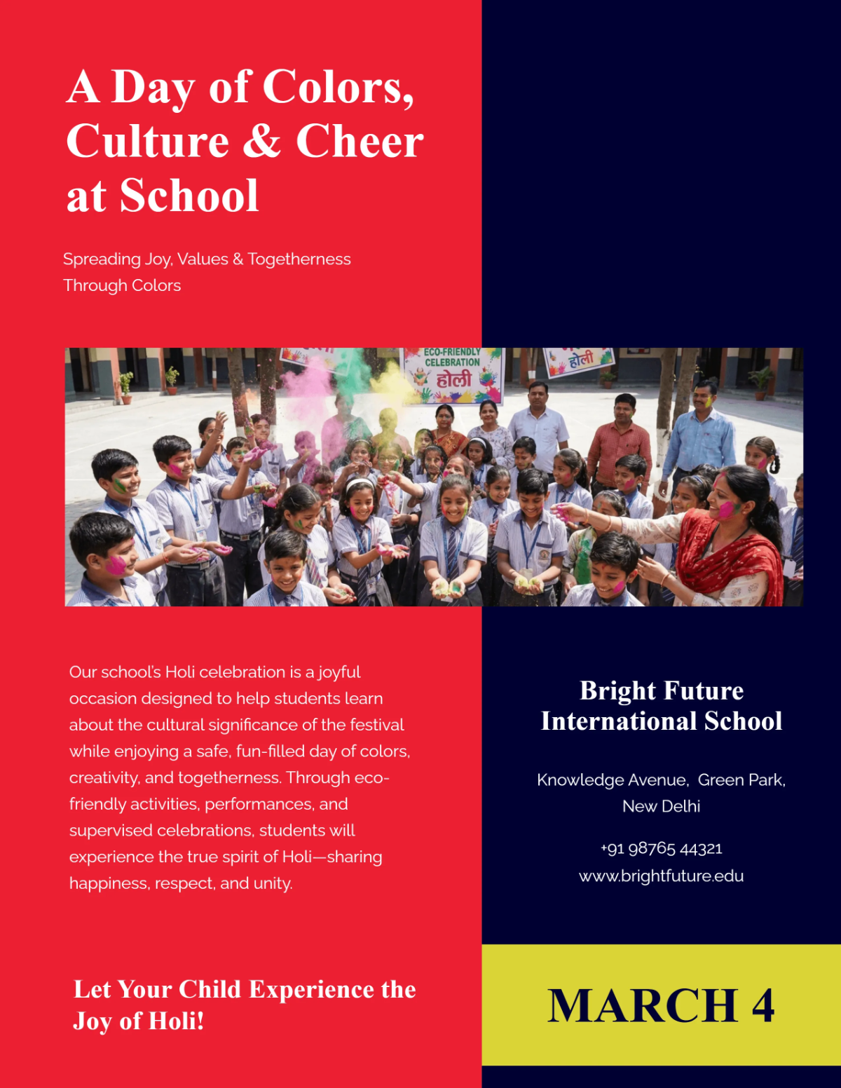 Free School Holi Flyer Template to Edit Online