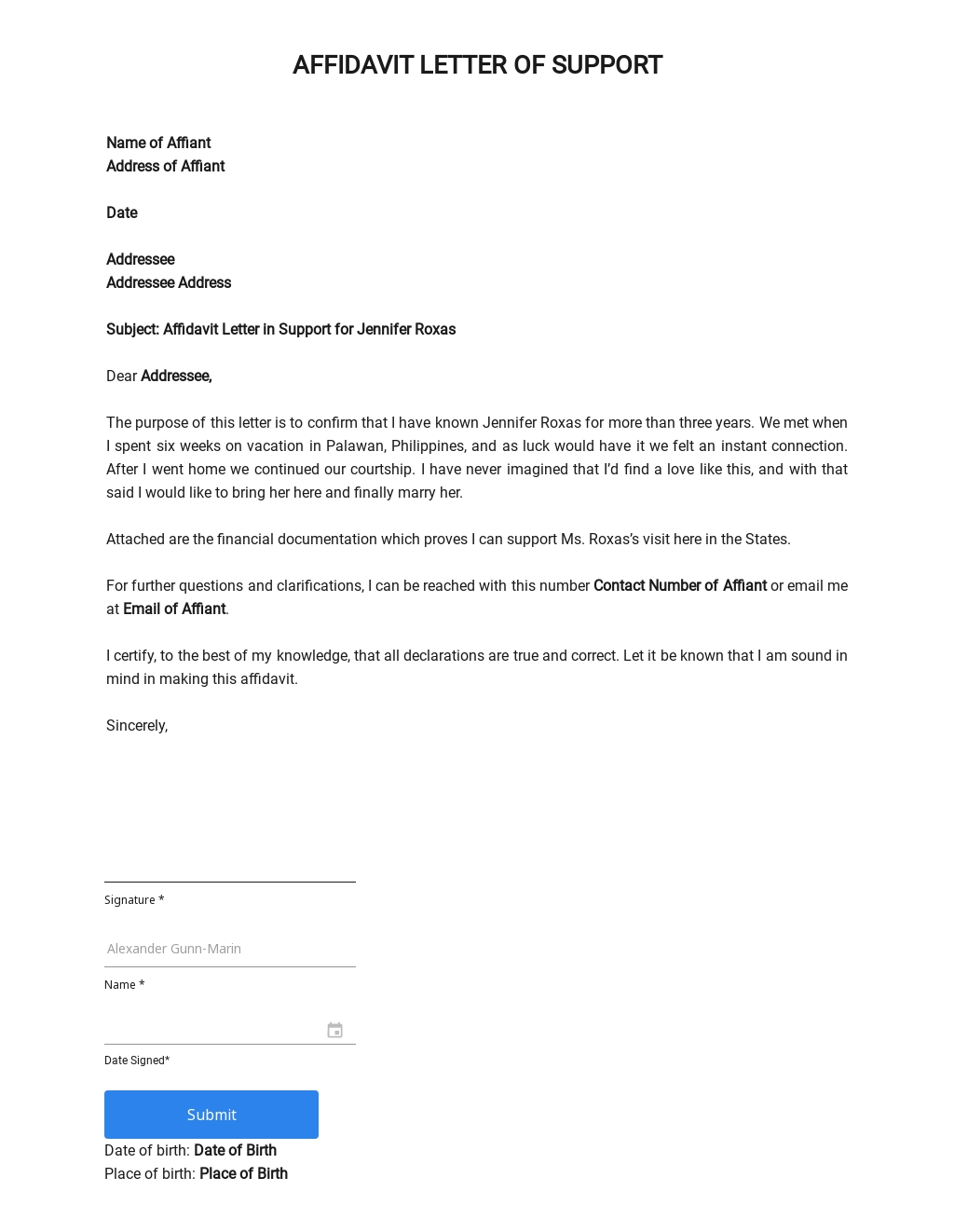 Affidavit Of Support For Visitor Visa Sample Template In Google Docs