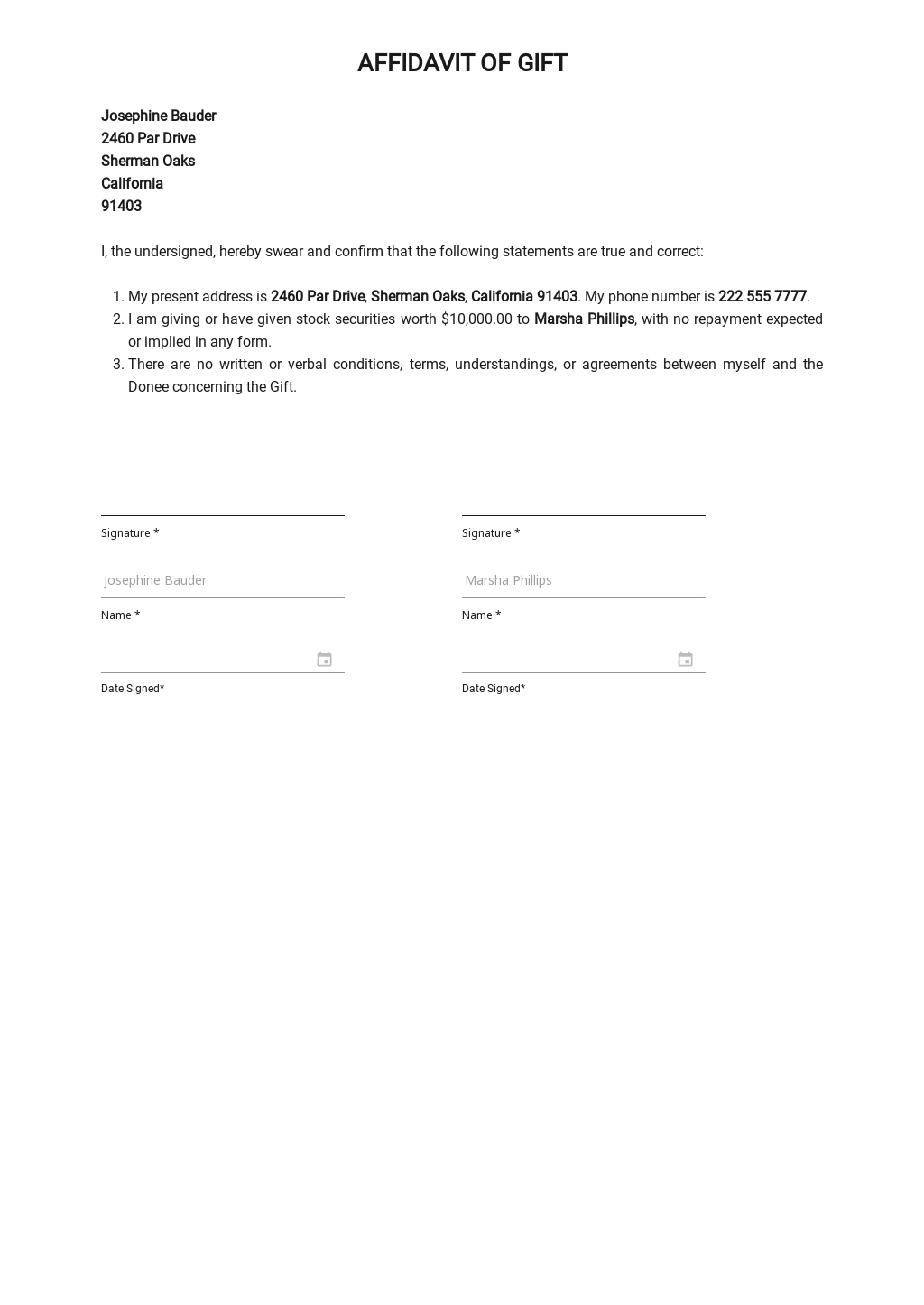 Affidavit of Gift of Motor Vehicle Template - Google Docs, Word ...