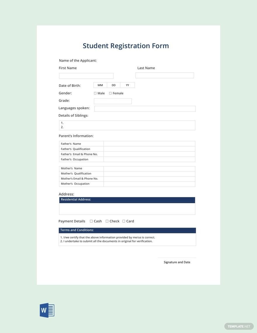 Student Registration Form Template Google Docs Word PDF Template