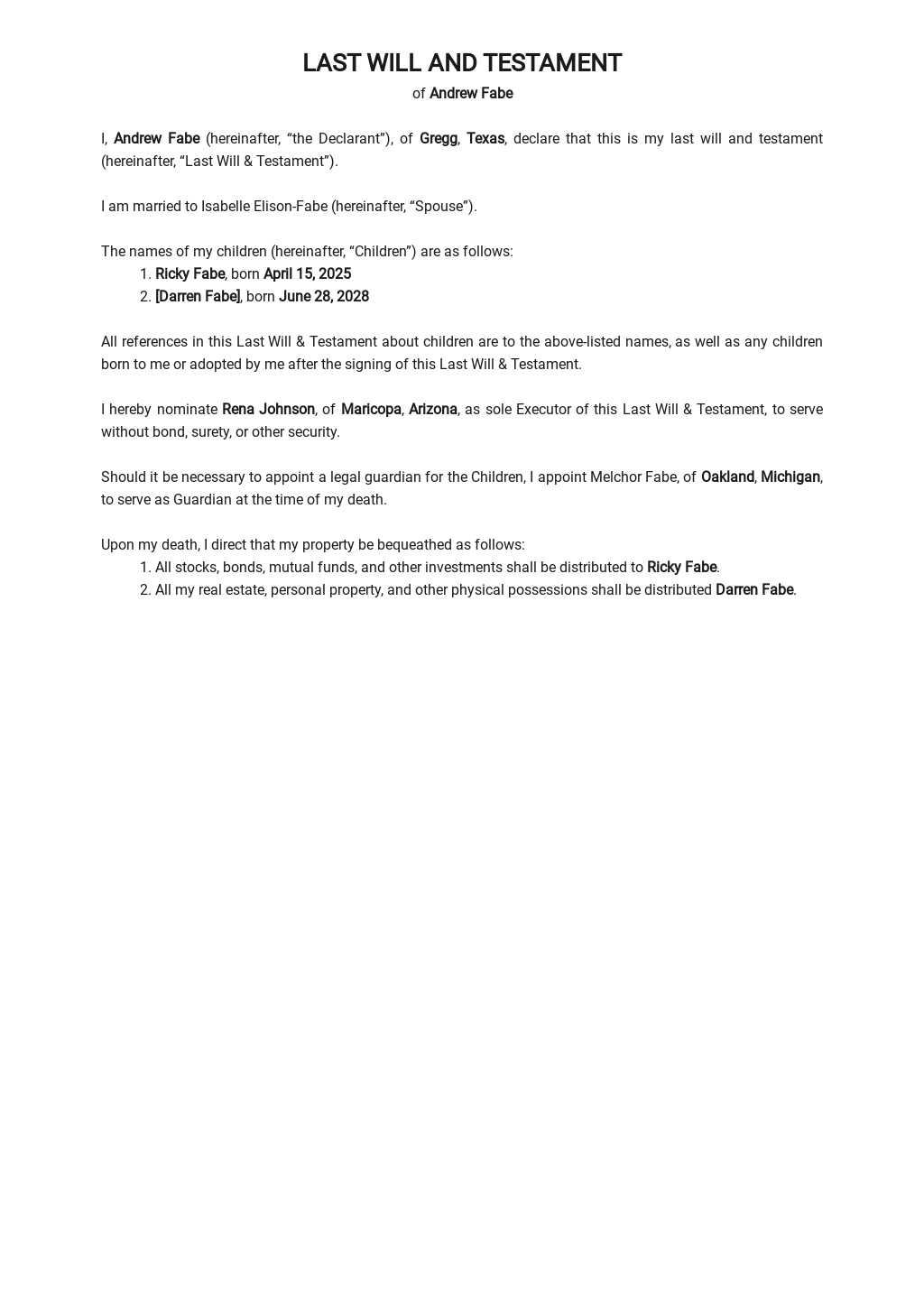 Oregon Last Will And Testament Template Google Docs Word Template