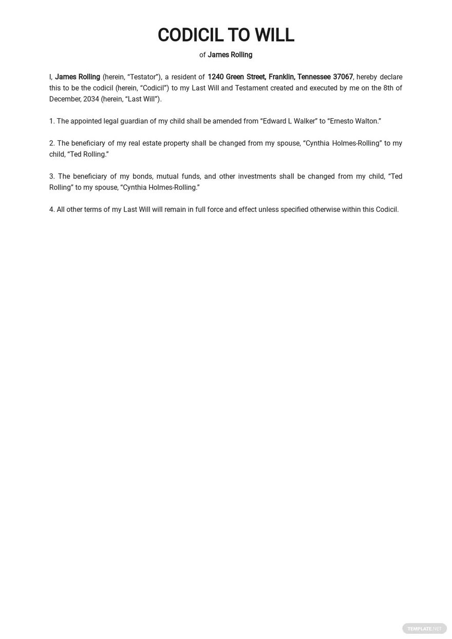 Free Printable Codicil to Will Template - Google Docs, Word | Template.net