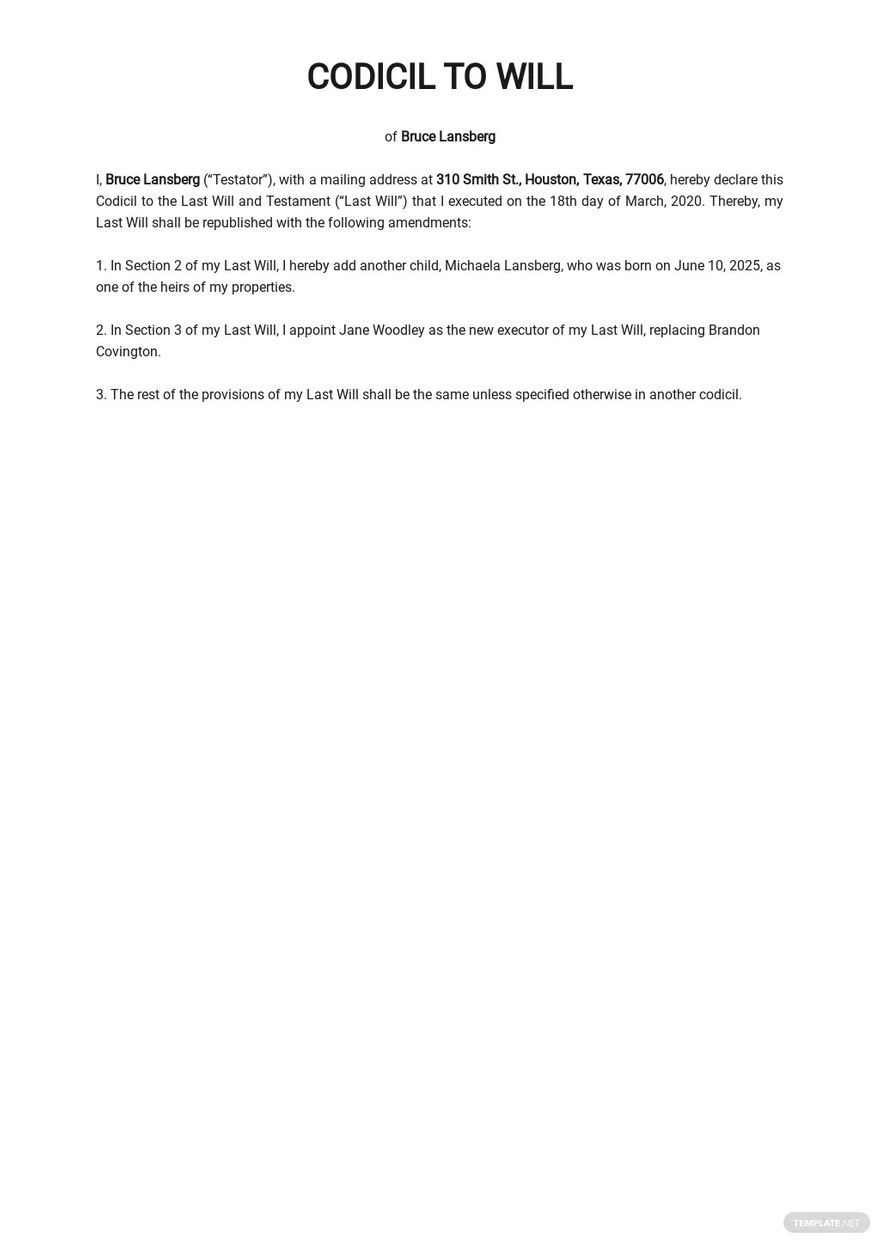 Free Sample Codicil To Will Template Google Docs Word Template